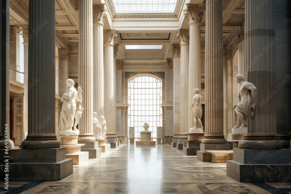 Ancient Greek temple interior with marble columns, statues, and ...
