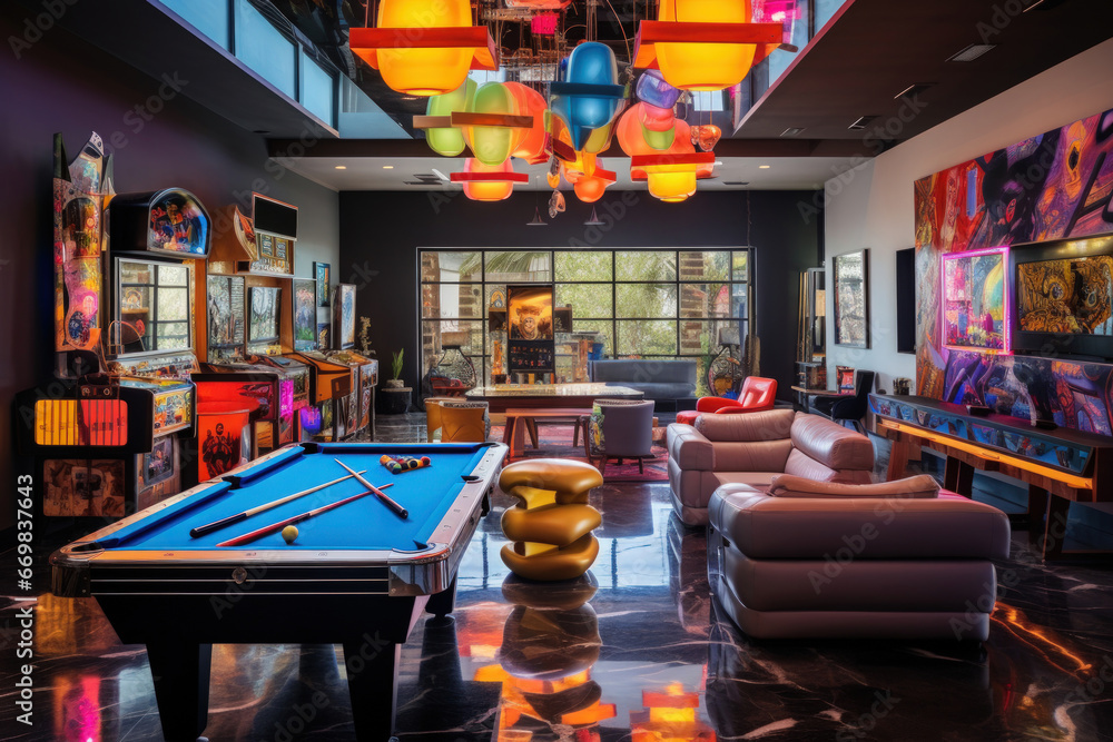 Lively game room with a pool table, arcade games, neon signs, and retro ...