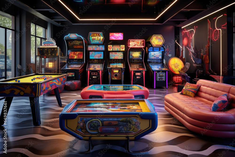 Lively game room with a pool table, arcade games, neon signs, and retro ...