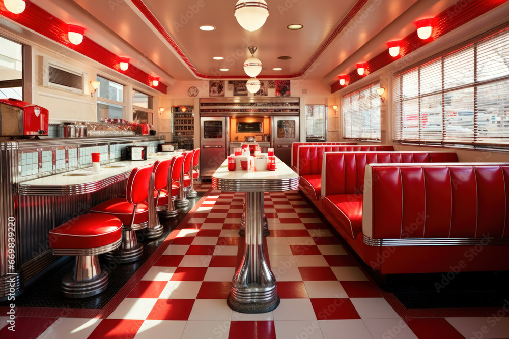 Retro 1950s diner with red vinyl booths, a jukebox, and a checkered ...