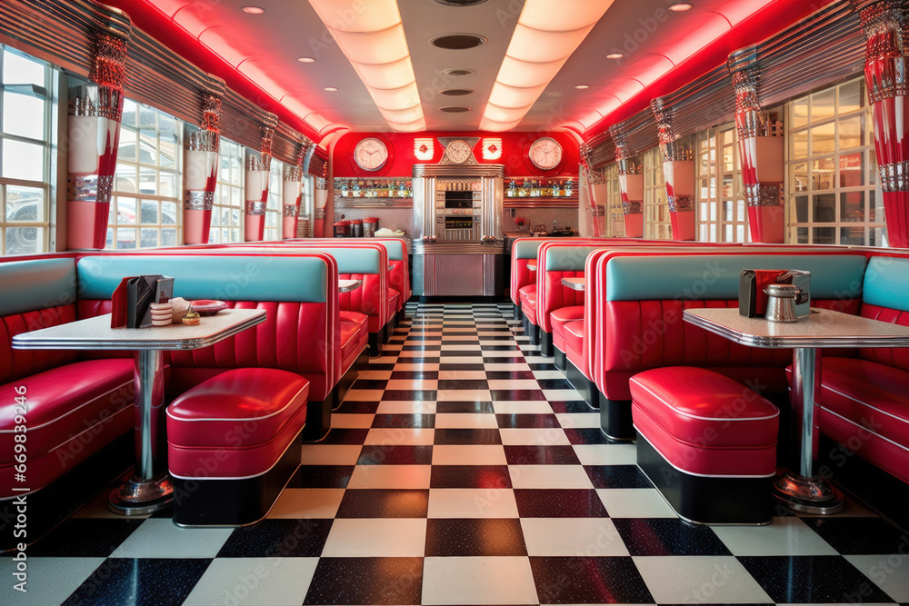 Retro 1950s diner with red vinyl booths, a jukebox, and a checkered ...