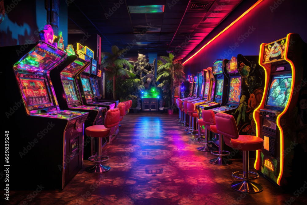 Retro arcade room with pinball machines, classic video games, and neon ...