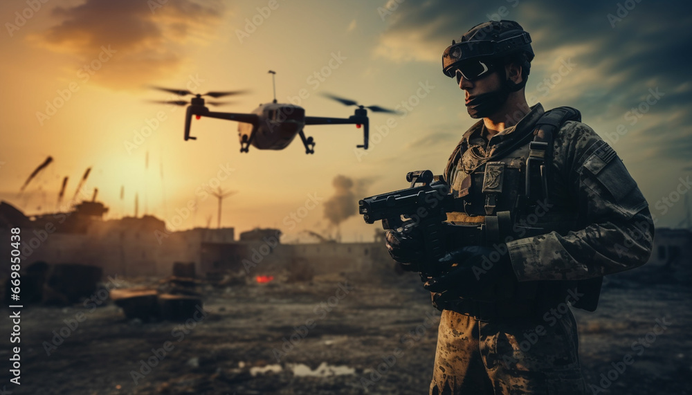 Military soldier controls drone for reconnaissance operation of enemy ...