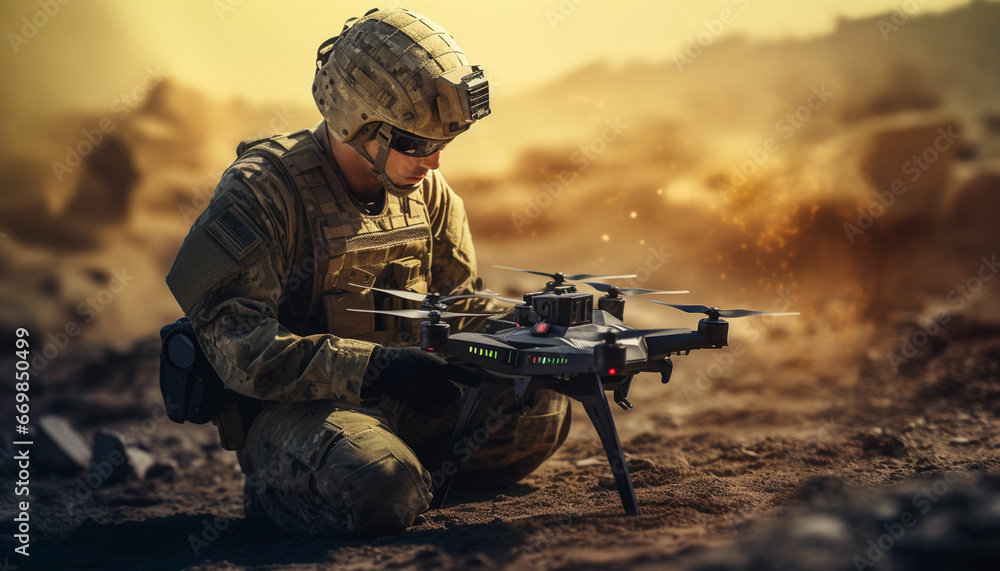 Military soldier controls drone for reconnaissance operation of enemy ...