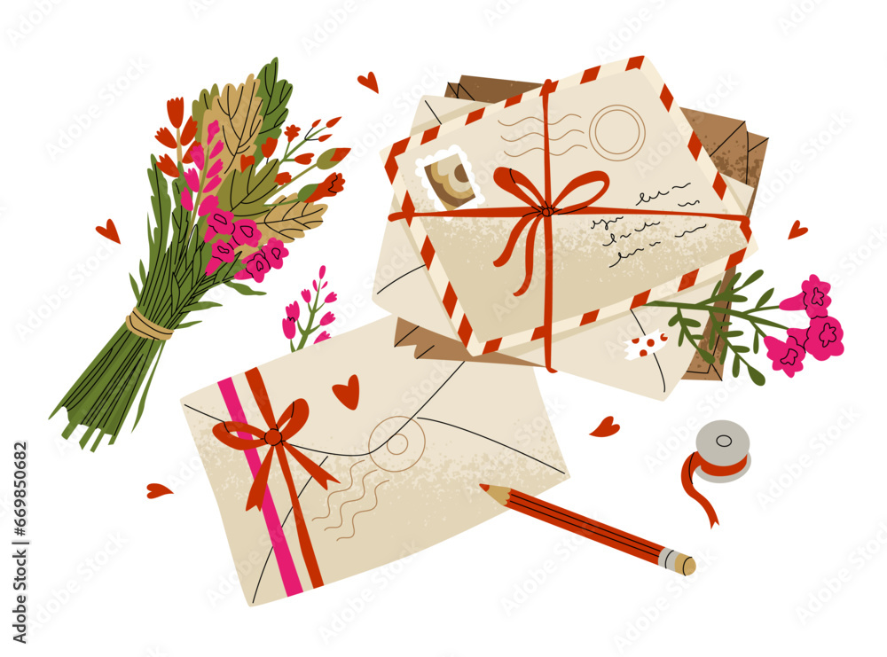 Composition of postal envelopes, letters and flowers for Valentine's ...