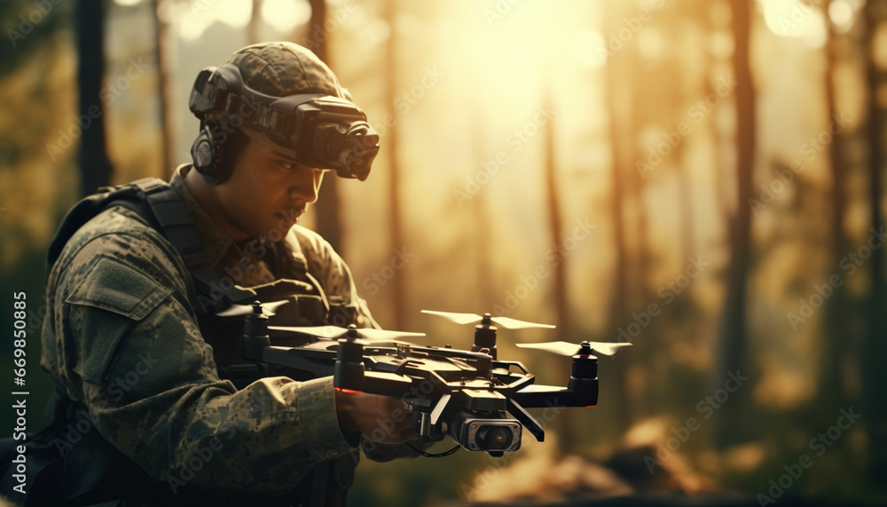 Military soldier controls drone for reconnaissance operation of enemy ...