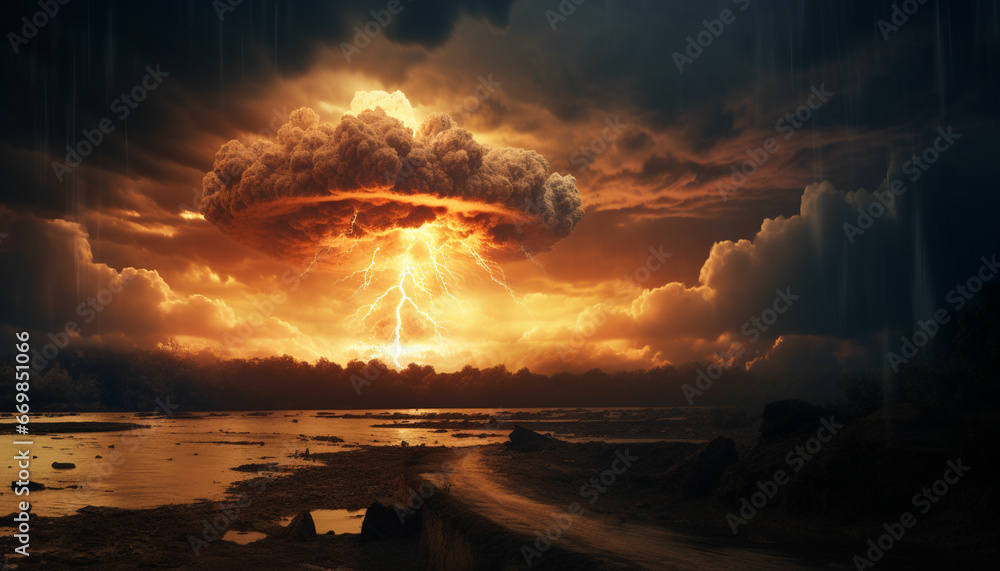 Nuclear explosion day or night. Stormy sky, shock wave against the ...