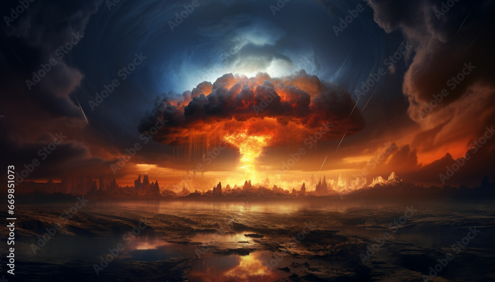 Nuclear explosion day or night. Stormy sky, shock wave against the ...