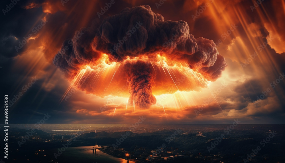 Nuclear explosion day or night. Stormy sky, shock wave against the ...