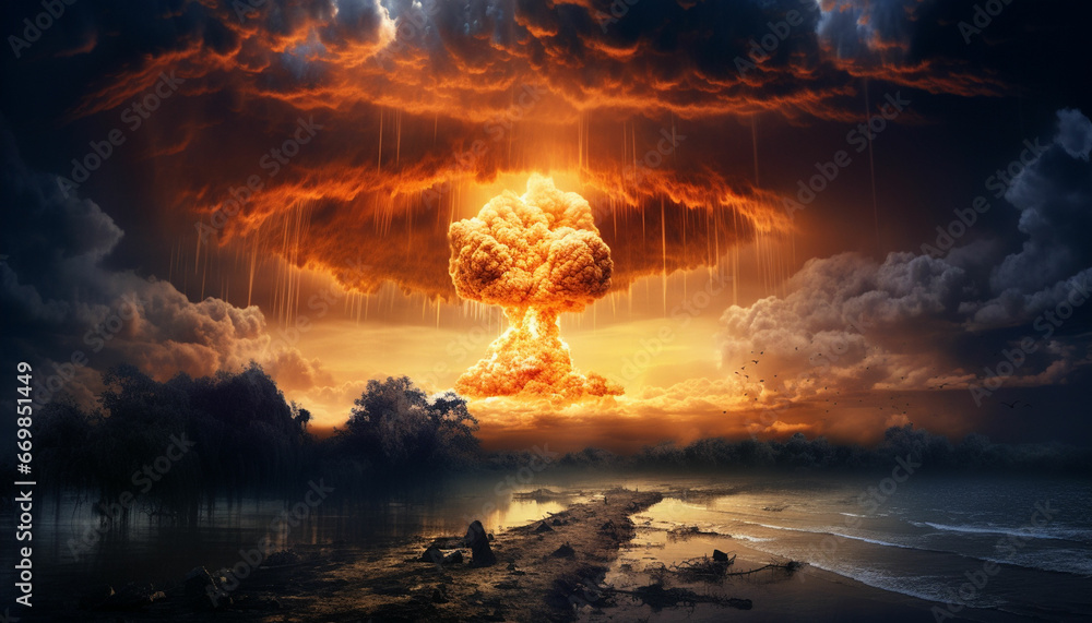 Nuclear explosion day or night. Stormy sky, shock wave against the ...