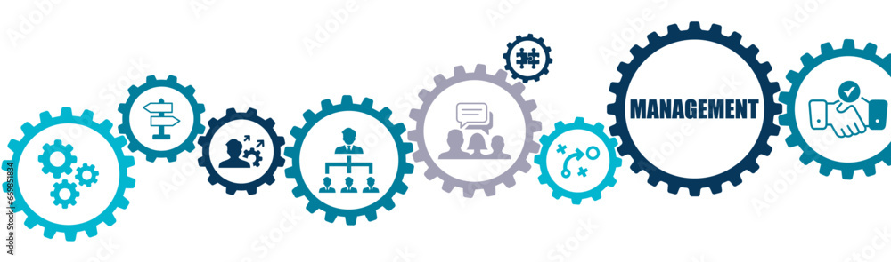 Management skills banner vector illustration with the icons of ...