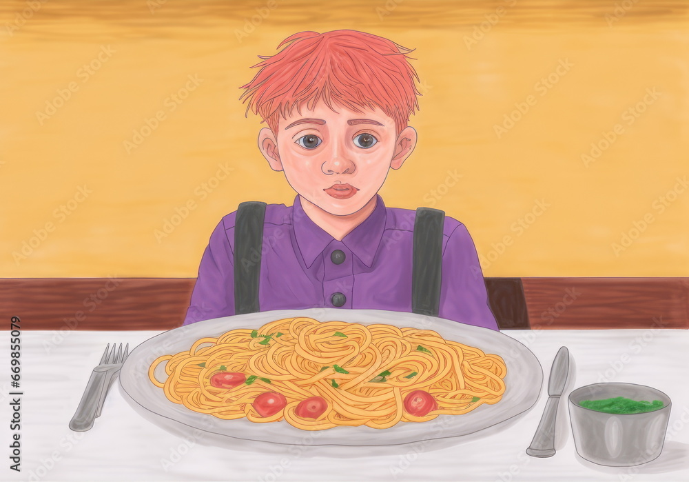 An illustration of a distracted young boy. A ginger kid wearing violet ...