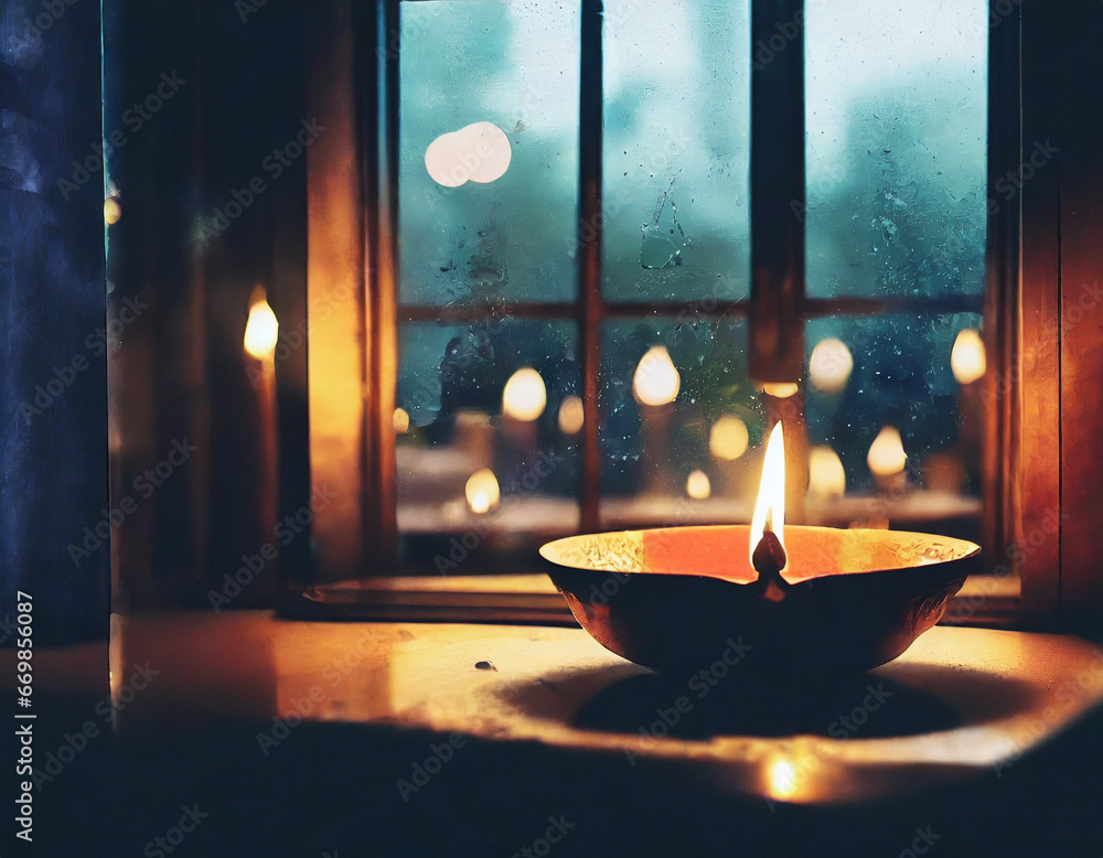 Illustration of Diwali festival Diya Lamp with rangoli and window in ...