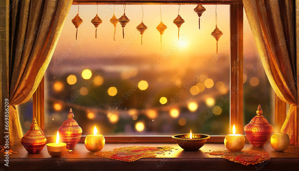 Illustration of Diwali festival Diya Lamp with rangoli and window in ...