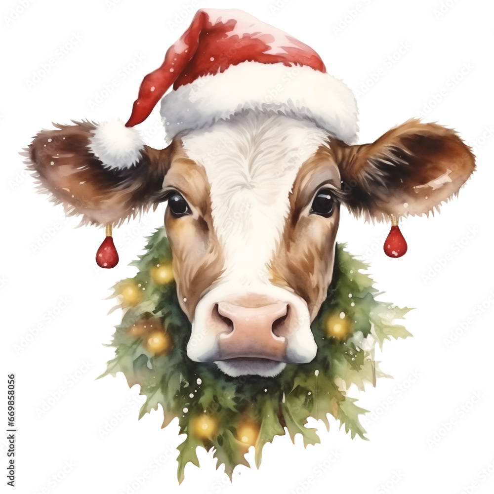 Cute Christmas cow in a Santa hat and garland watercolor illustration ...