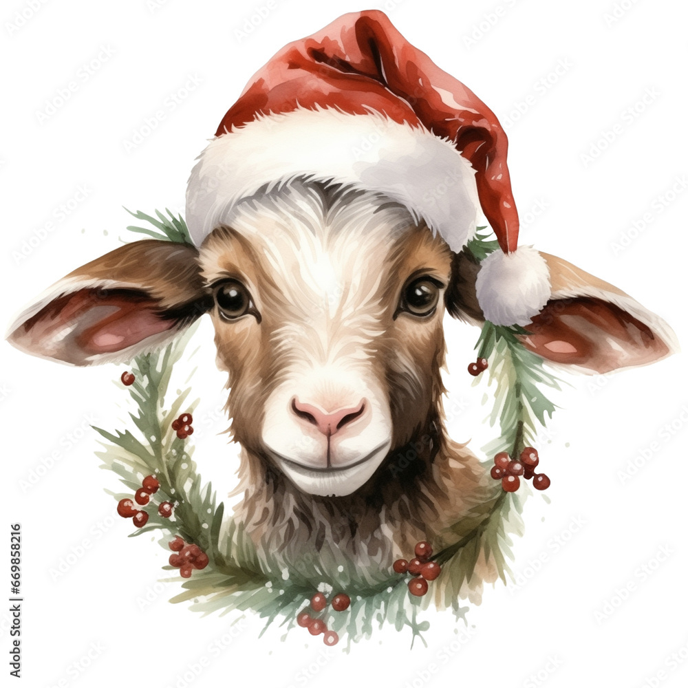Cute Christmas goat in a Santa hat and garland watercolor illustration ...