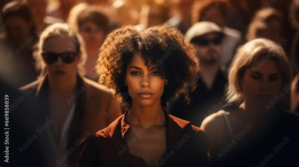 Urban girl standing out from the crowd at a city street. Stock Photo ...