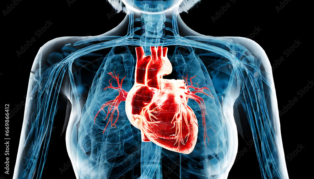 Female anatomy of the human heart system in x-ray. 3d rendering and ...