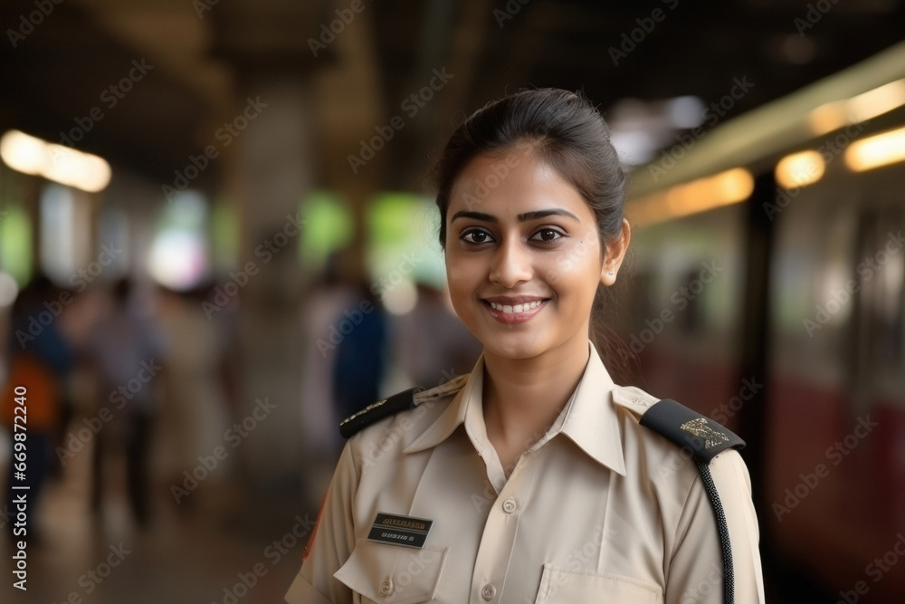 Young indian female railway police officer Stock Photo | Adobe Stock