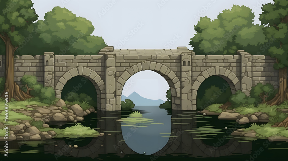Ancient stone bridge over a tranquil stream. Illustrated background ...