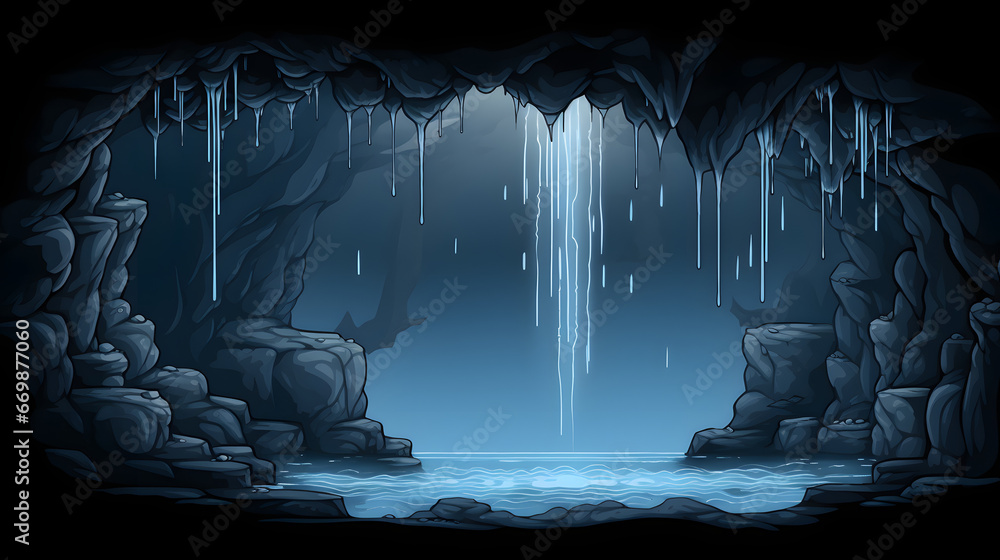 Waterfall cascading into a cave. Illustrated background. Concept for ...