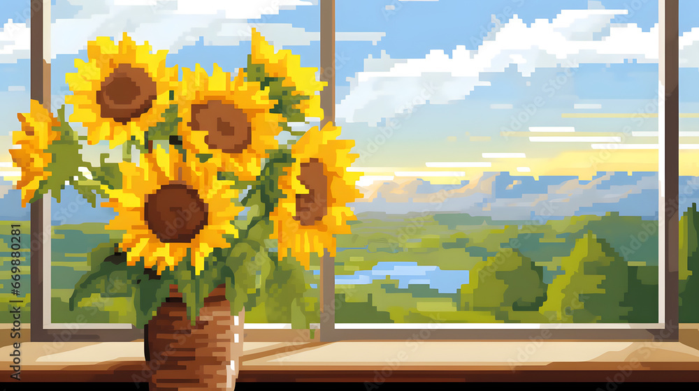 Pixel Art of Sunflowers in a vase on a windowsill with a countryside ...
