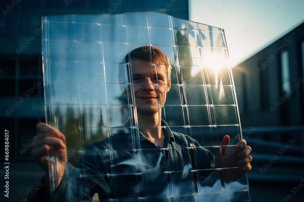 A researcher proudly displays a transparent and flexible solar panel ...