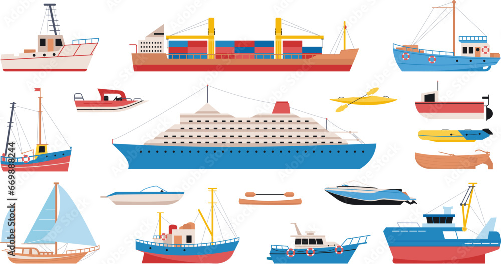 Ships and boats cartoon design. Yachts, cargo and sea ship. Cruise ...