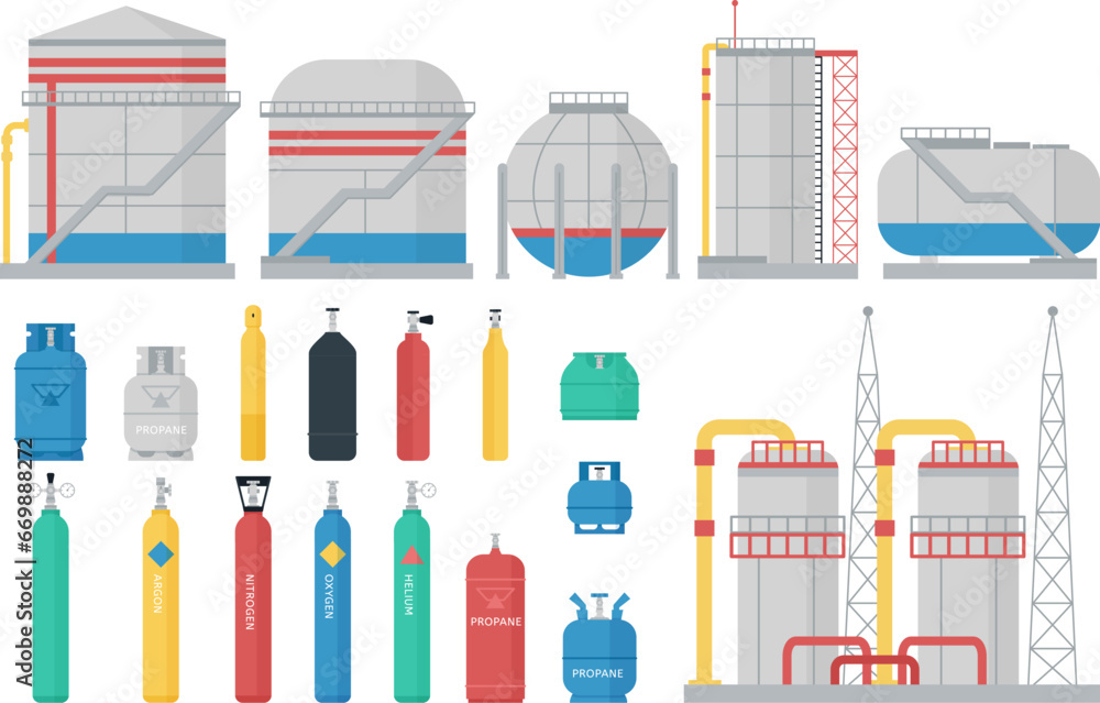 Gas petroleum storages. Oxygen cylinders, isolated industrial storage ...