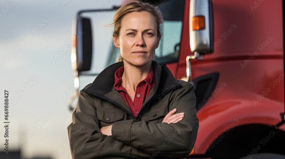 Female truck driver. Professional woman who drives cargo vehicles with ...