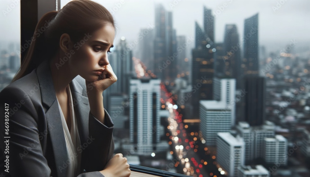 Saddened female manager in a high-rise office setting with blurred ...