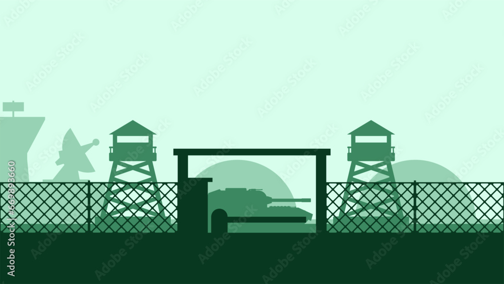 Military base landscape vector illustration. Silhouette of military ...