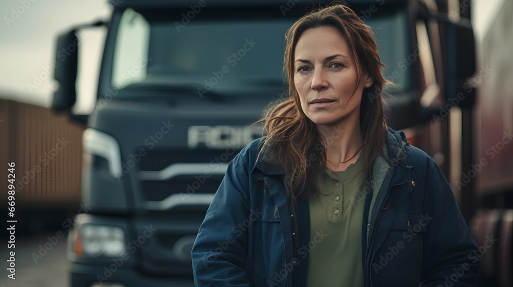 Female truck driver. Professional woman who drives cargo vehicles with ...