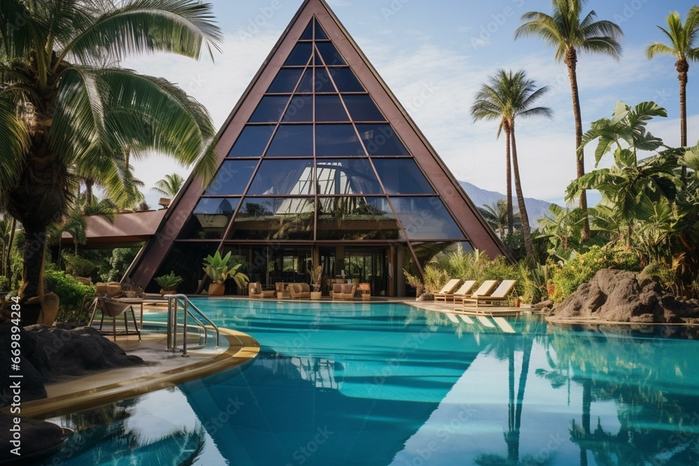 ภาพประกอบสต็อก Fictional hotel in Hawaii with a pool, featuring a ...
