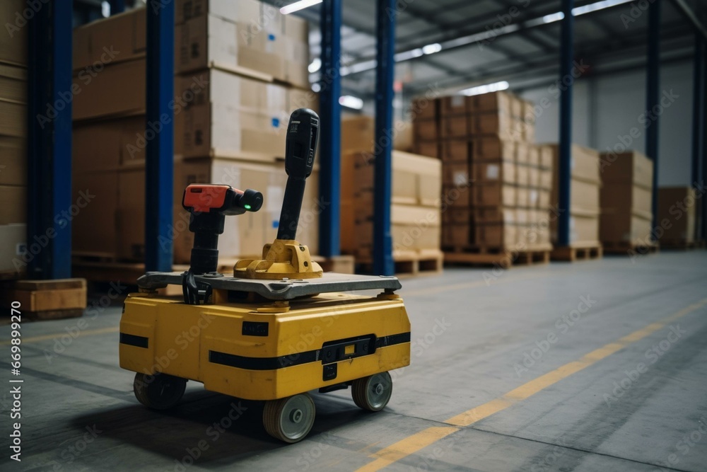 Automated mobile robot operating powered pallet jack transporting ...