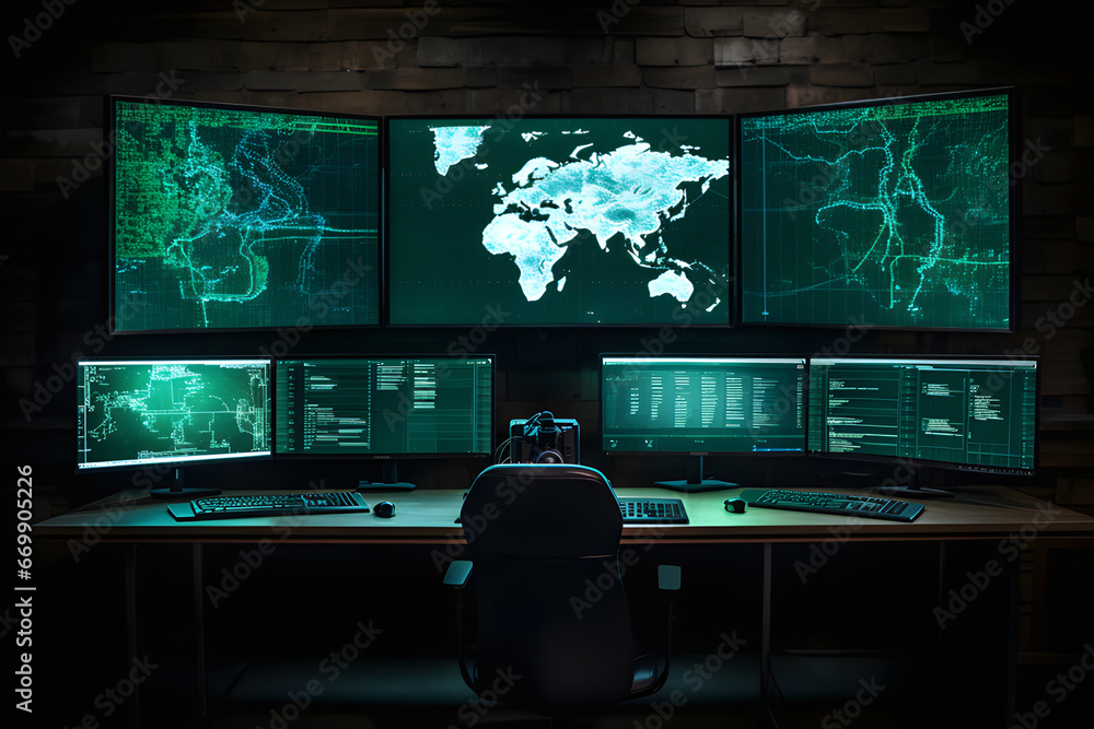 Advanced control room, large screens, world map, data displays, chair ...