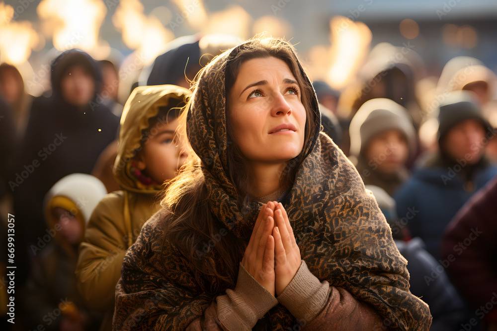 Muslim refugee praying in a border camp ai generated art. Stock Photo ...