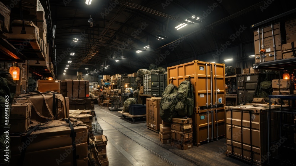 Warehouse on a military base. Soldiers and workers during warehouse ...