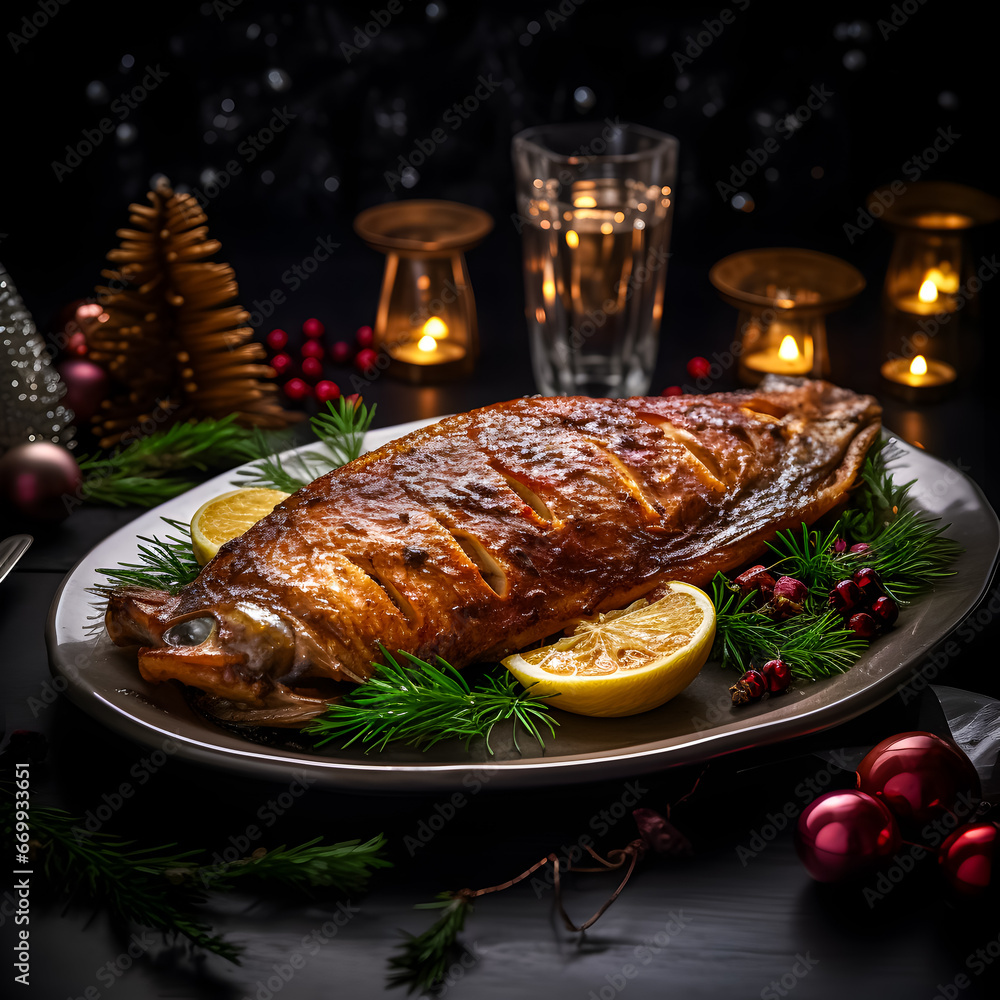 A photograph captures a golden and crispy fried carp, adorned with a ...