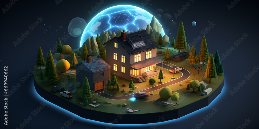 House on a small planet with dark background A Dimly Lit Home on a ...