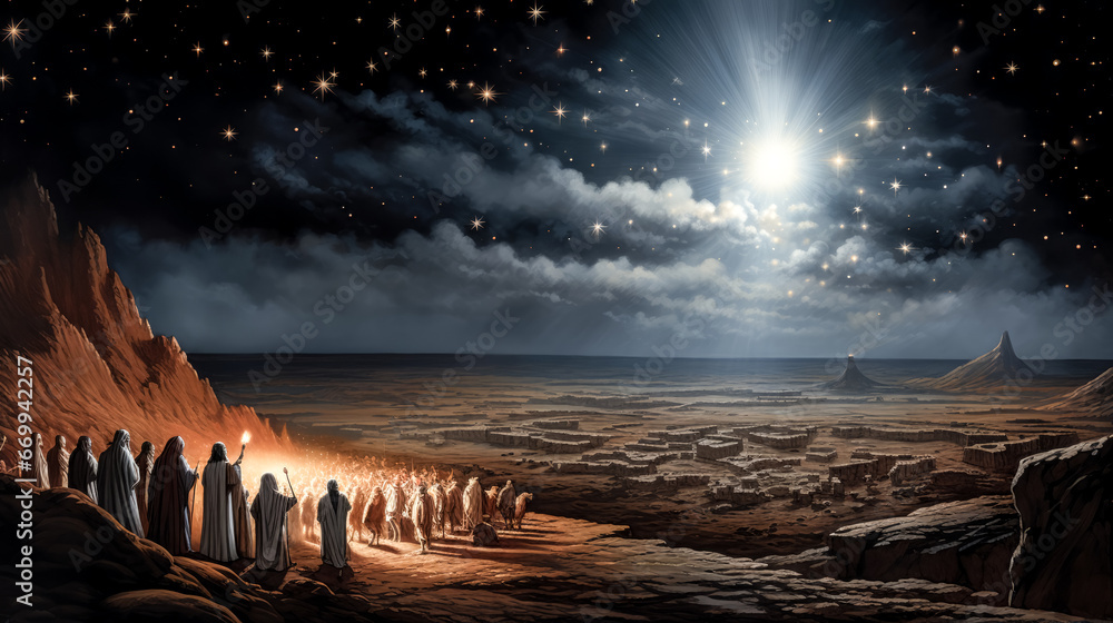 The bright star of Bethlehem shines in the night sky, guiding travelers ...
