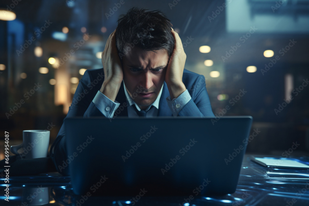 Headache, businessman and laptop, stress and burnout, tech glitch or ...