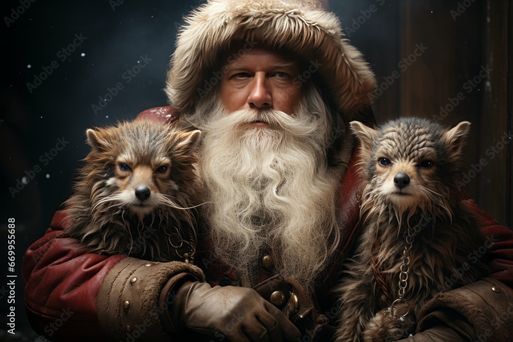 Old man looking like Santa Claus with two furry animals. Generated with ...