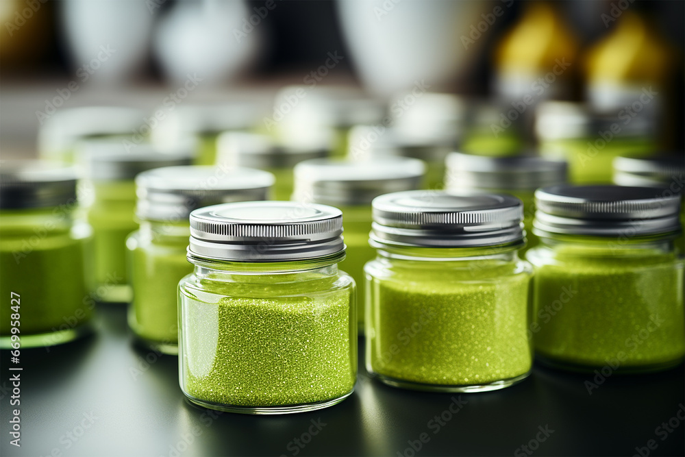 3d rendering with group of glass jars filled with green plastic powder ...