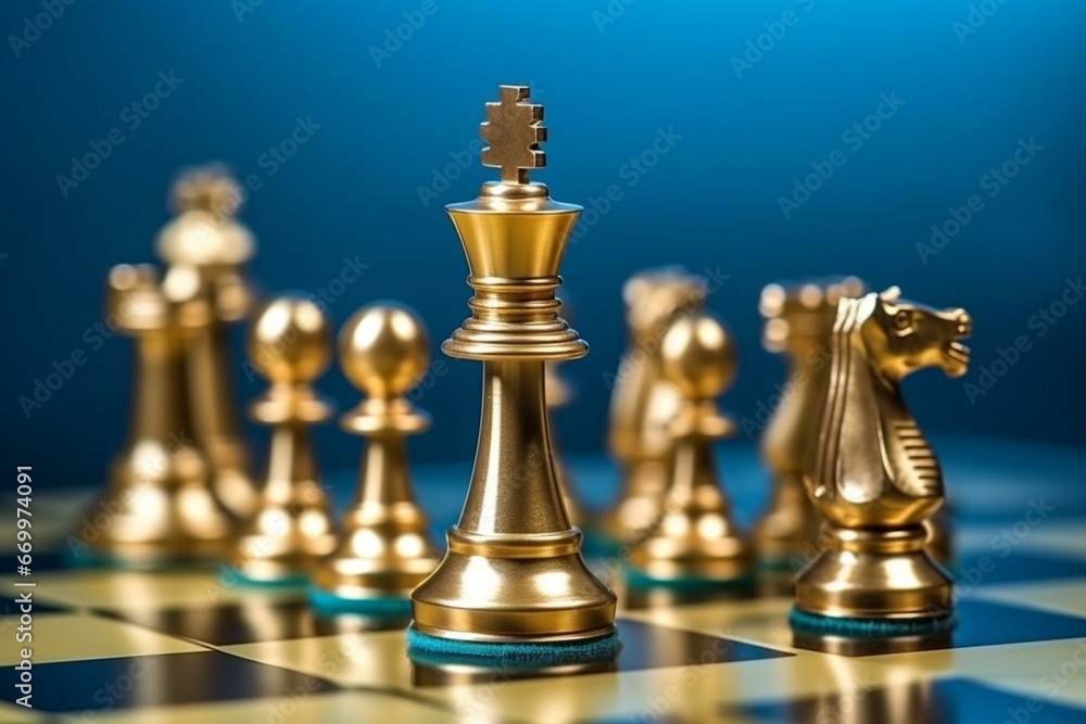 Gold chess pieces on chessboard with blue background. Leadership ...
