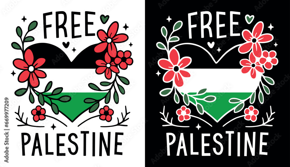 Free Palestine Palestinian flag heart and flowers drawing. Illustration ...