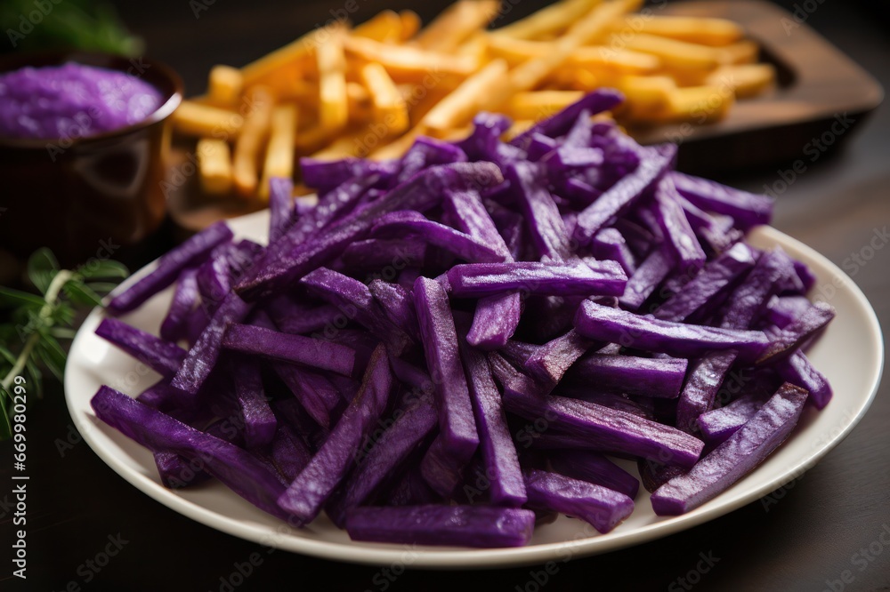 purple ube vegetable and potato French fries in the kitchen for social ...