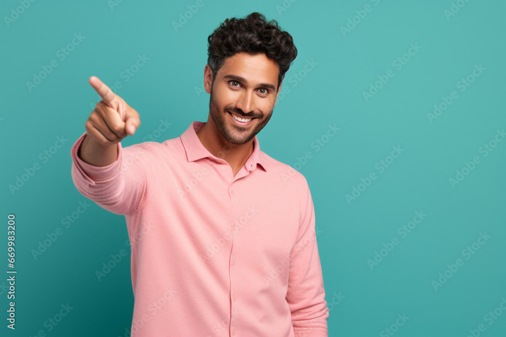 Man pointing down and looking at camera showing place for presentation ...