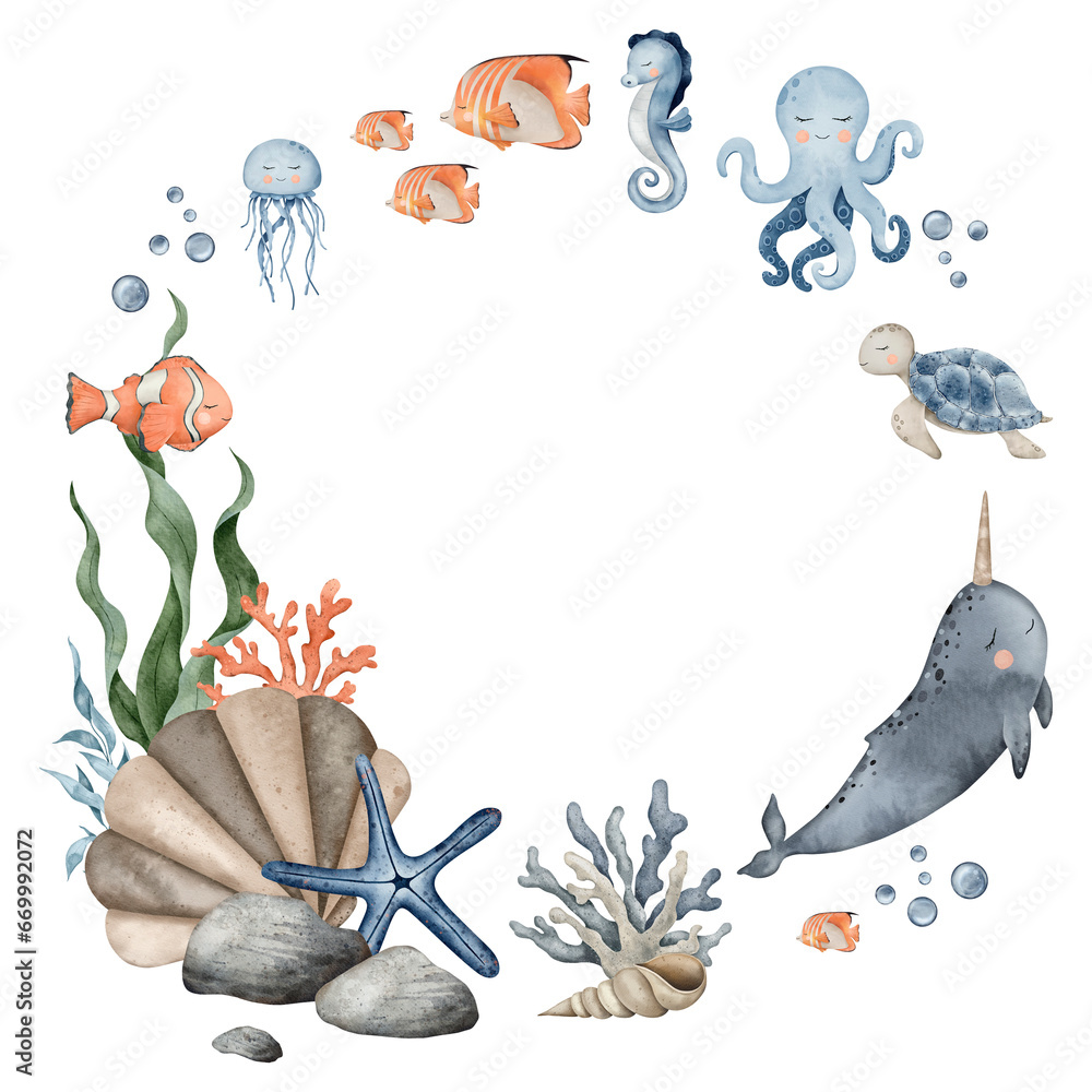 Seamless border of orca, jellyfish, narwhal, seahorse, coral and ...