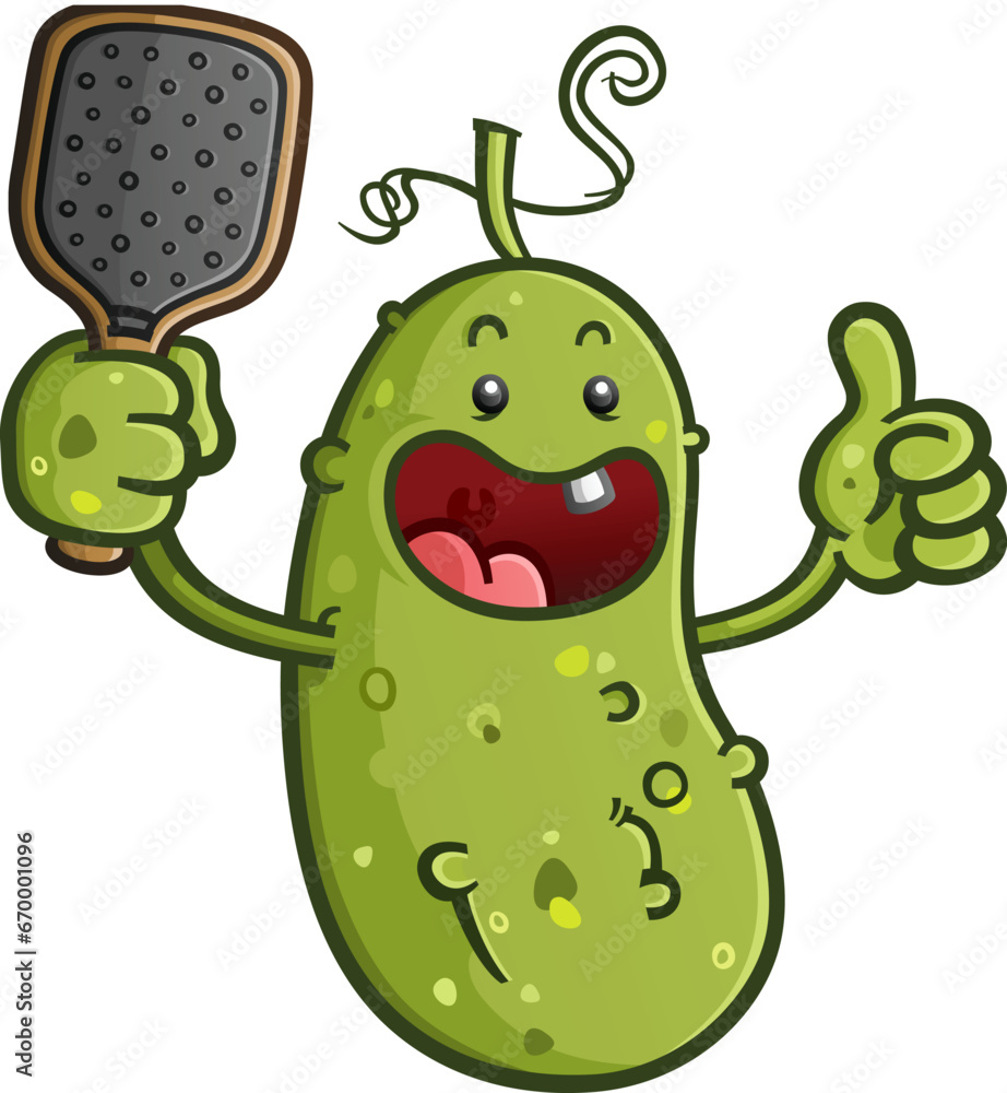 Baby dill pickle cartoon holding a pickleball paddle and ready to play ...